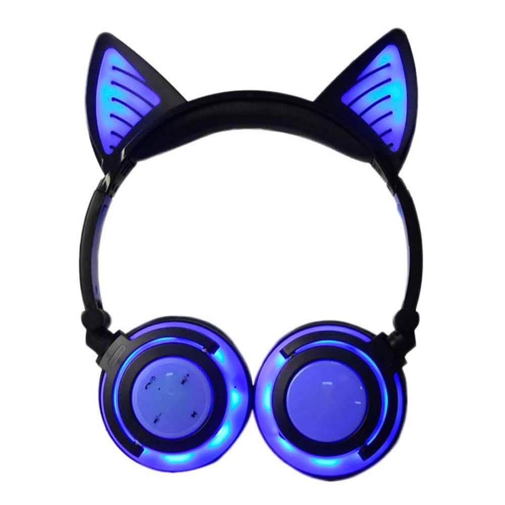 Bluetooth Hairy Cat Ear Headphones Mic Glowing LED - Dubsnatch