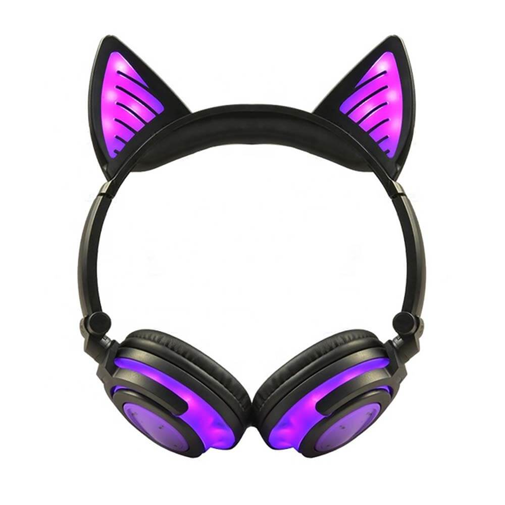 Bluetooth Hairy Cat Ear Headphones Mic Glowing LED - Dubsnatch