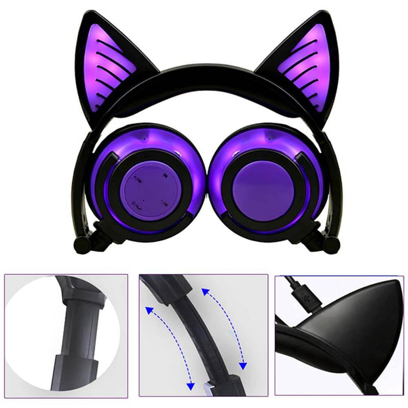 Bluetooth Hairy Cat Ear Headphones Mic Glowing LED - Dubsnatch