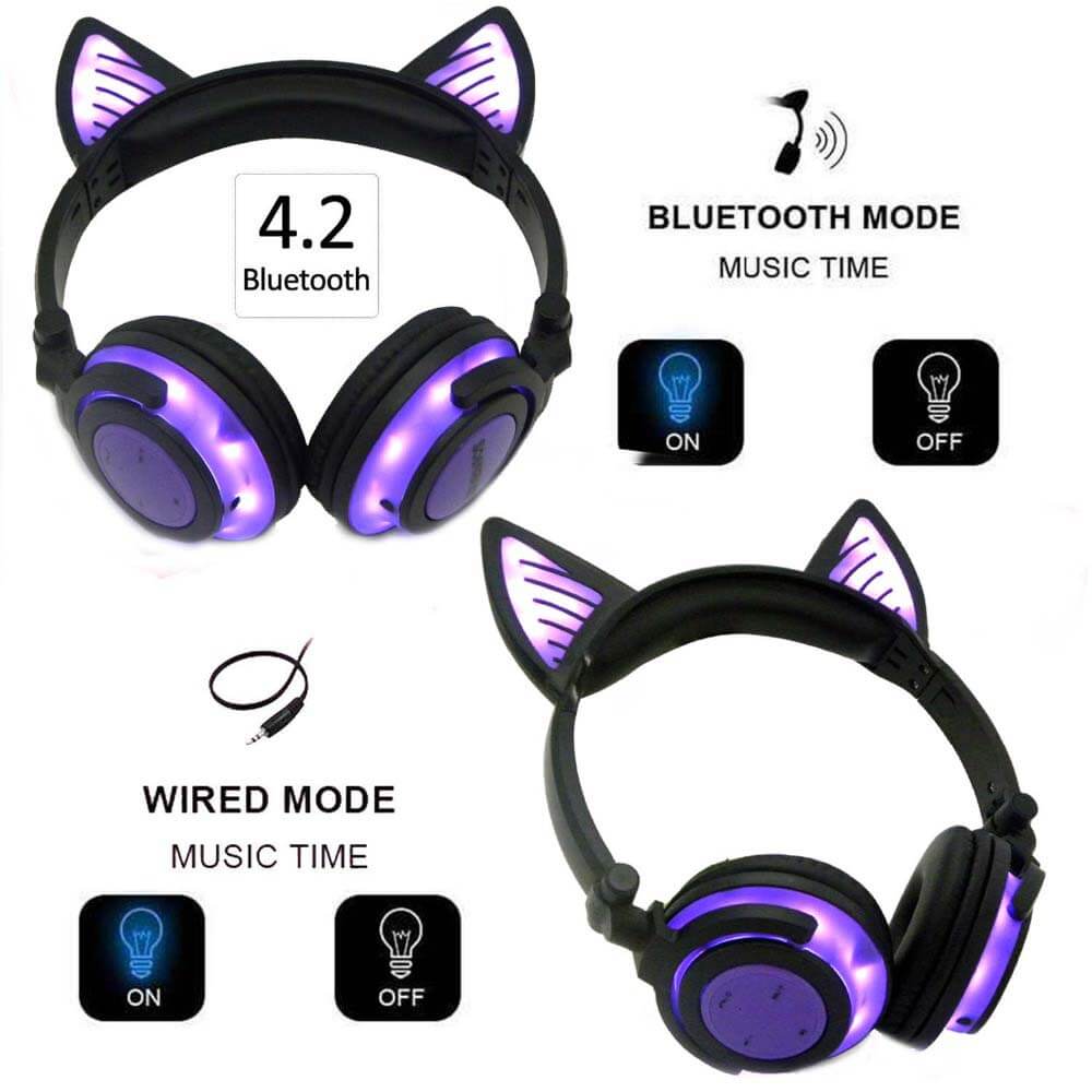 Bluetooth Hairy Cat Ear Headphones Mic Glowing LED - Dubsnatch